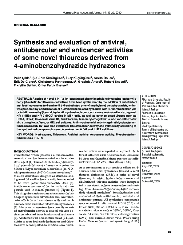 (PDF) Synthesis and evaluation of antiviral, antitubercular and anticancer activities of some ...