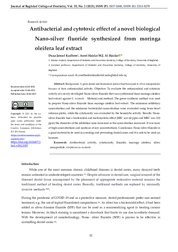 (PDF) Antibacterial and cytotoxic effect of a novel bio-logical Nano-silver fluoride synthesized ...