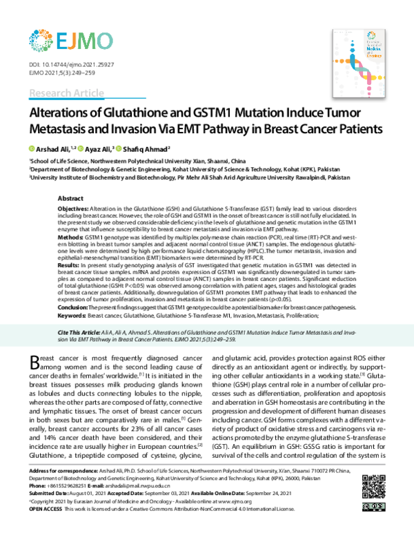 (PDF) Alterations of Glutathione and GSTM1 Mutation Induce Tumor ...