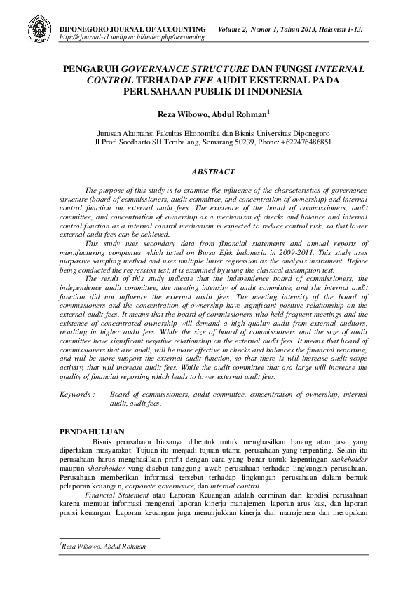 Pdf Pengaruh Governance Structure Dan Fungsi Internal Control Terhadap Fee Audit Eksternal 