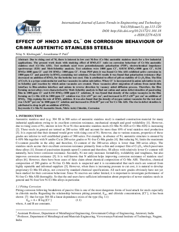 (PDF) Effect of HNO3 and CL ̄ on Corrosion Behaviour of CR-MN ...