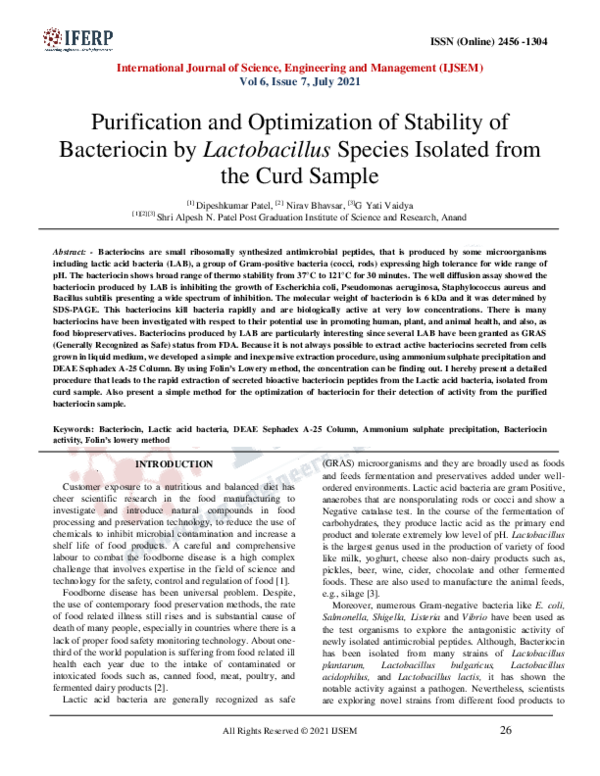 (PDF) Purification and Optimization of Stability of Bacteriocin by Lactobacillus Species ...