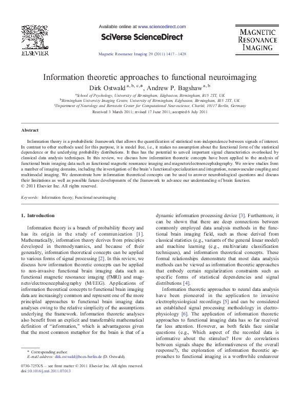 (PDF) Information theoretic approaches to functional neuroimaging