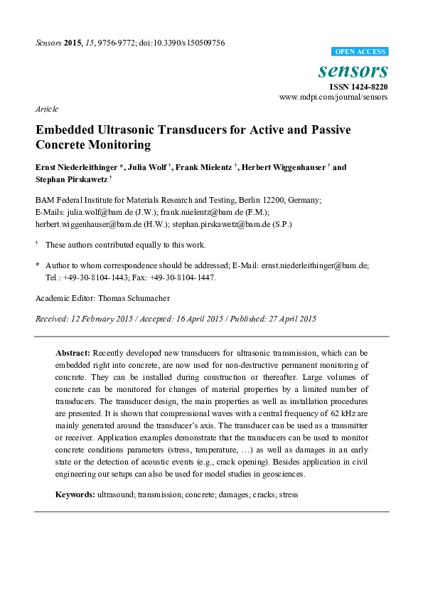 Pdf Article Embedded Ultrasonic Transducers For Active And Passive Concrete Monitoring