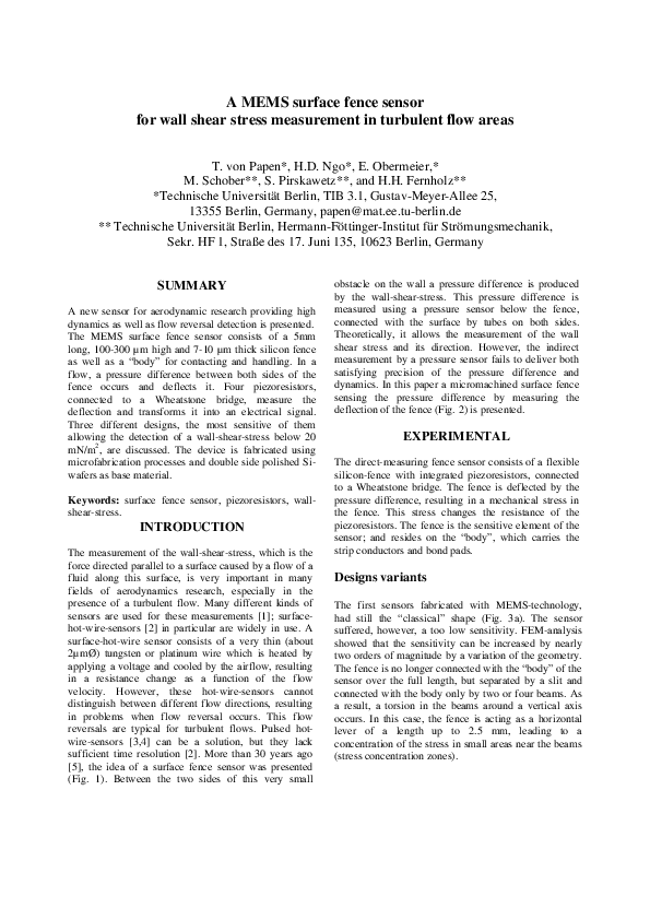 (PDF) A MEMS surface fence sensor for wall shear stress measurement in turbulent flow areas