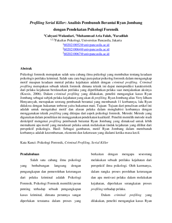 (PDF) Profiling Serial Killer: Analisis Pembunuh Berantai Ryan Jombang dengan Pendekatan ...