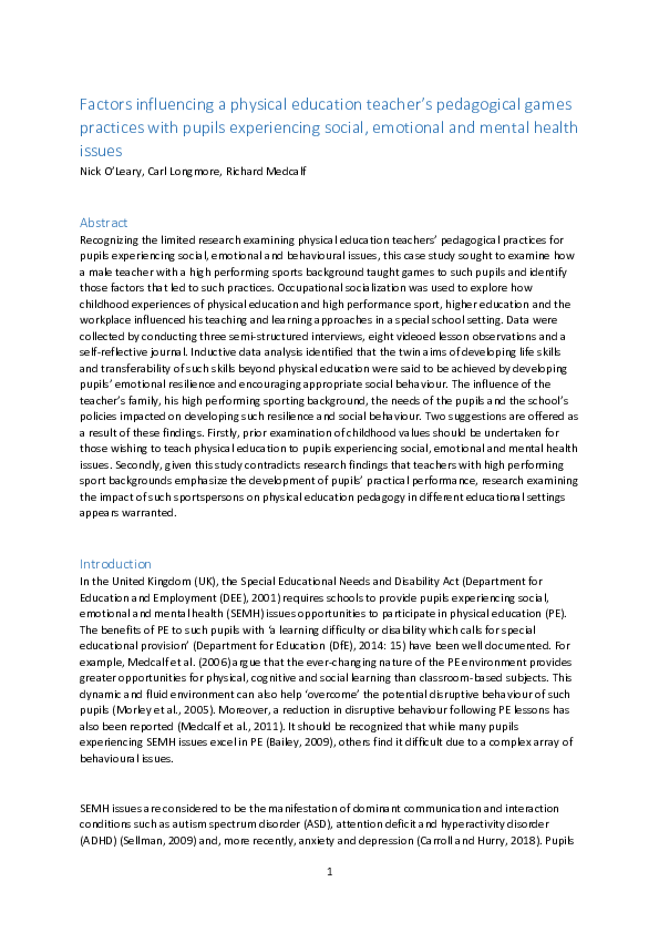 (PDF) Factors in PE Teaching for At-Risk Pupils