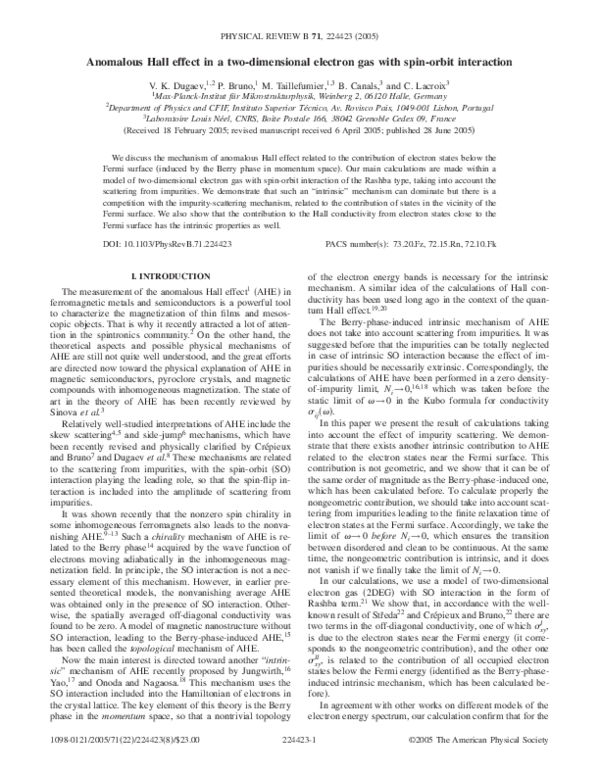 (PDF) Anomalous Hall effect in a two-dimensional electron gas with spin-orbit interaction