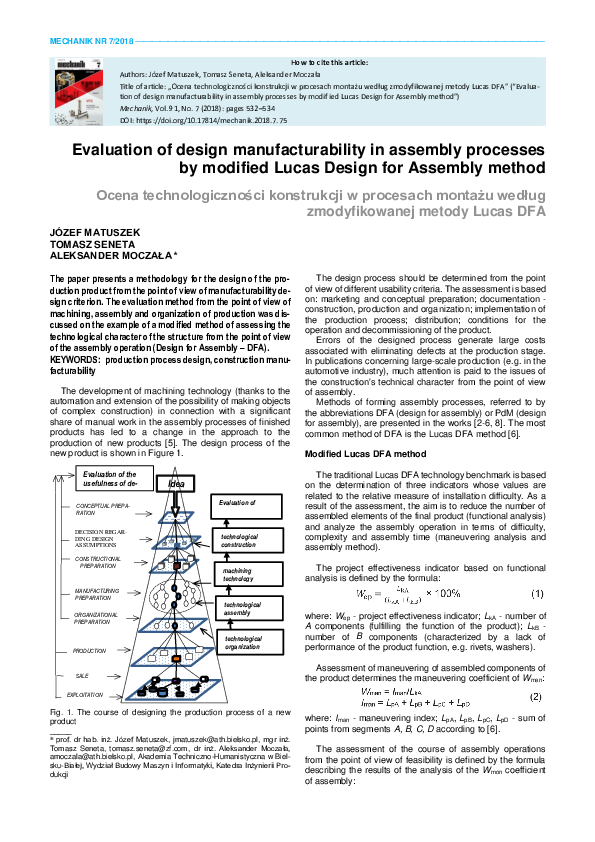 (PDF) Evaluation of design manufacturability in assembly processes by ...