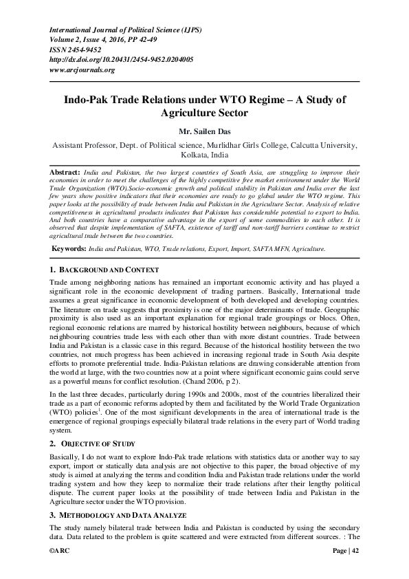 (PDF) Indo-Pak Trade Relations under WTO Regime -A Study of Agriculture ...
