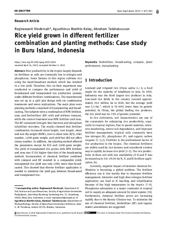 (PDF) Rice yield grown in different fertilizer combination and planting ...