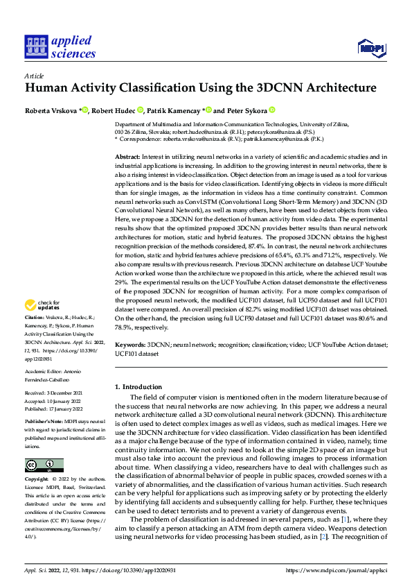 Pdf Human Activity Classification Using The 3dcnn Architecture Roberta Hlavatá