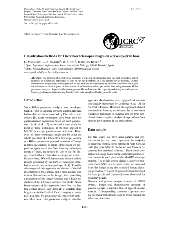 (PDF) Classification methods for Cherenkov telescopes images on apixel-by-pixel base