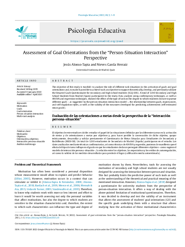(PDF) Assessment of Goal Orientations from the “Person-Situation Interaction” Perspective ...