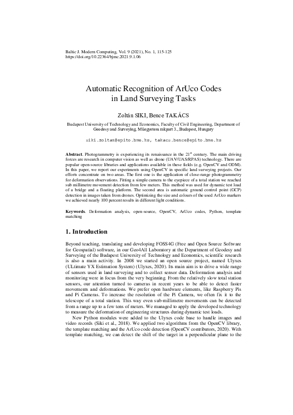 (PDF) Automatic Recognition of ArUco Codes in Land Surveying Tasks | Zoltán Siki - Academia.edu