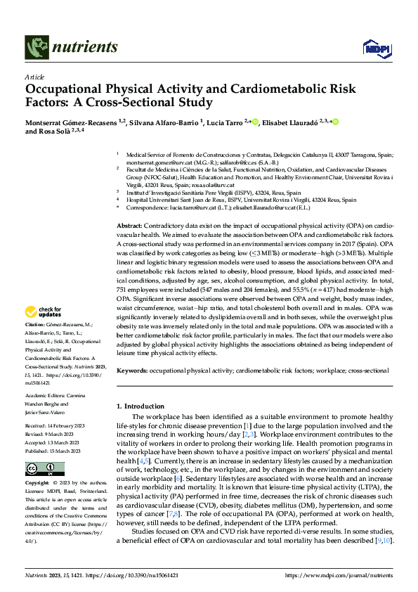 (PDF) Occupational Physical Activity and Cardiometabolic Risk Factors: A Cross-Sectional Study