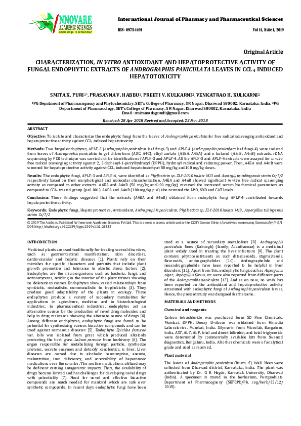 (PDF) CHARACTERIZATION, IN VITRO ANTIOXIDANT AND HEPATOPROTECTIVE ACTIVITY OF FUNGAL ENDOPHYTIC ...