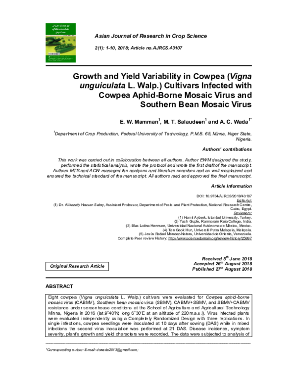 (PDF) Growth and Yield Variability in Cowpea (Vigna unguiculata L. Walp.) Cultivars Infected ...