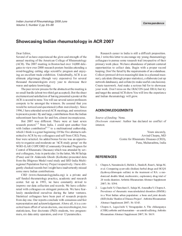 (PDF) Showcasing Indian rheumatology in ACR 2007