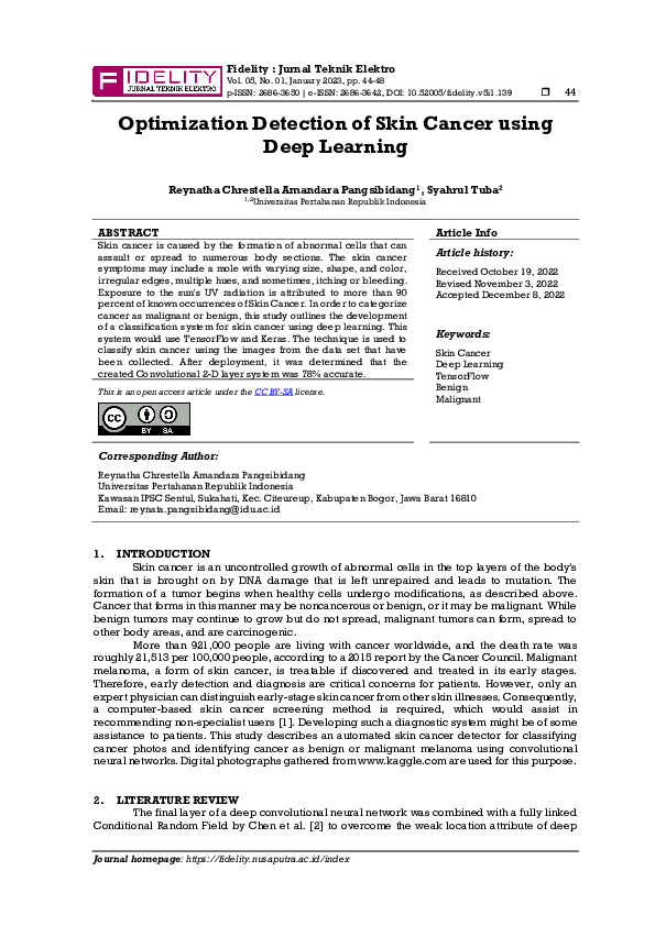 Pdf Optimization Detection Of Skin Cancer Using Deep Learning