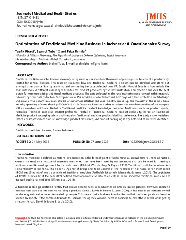 (PDF) Optimization of Traditional Medicine Business in Indonesia: A ...