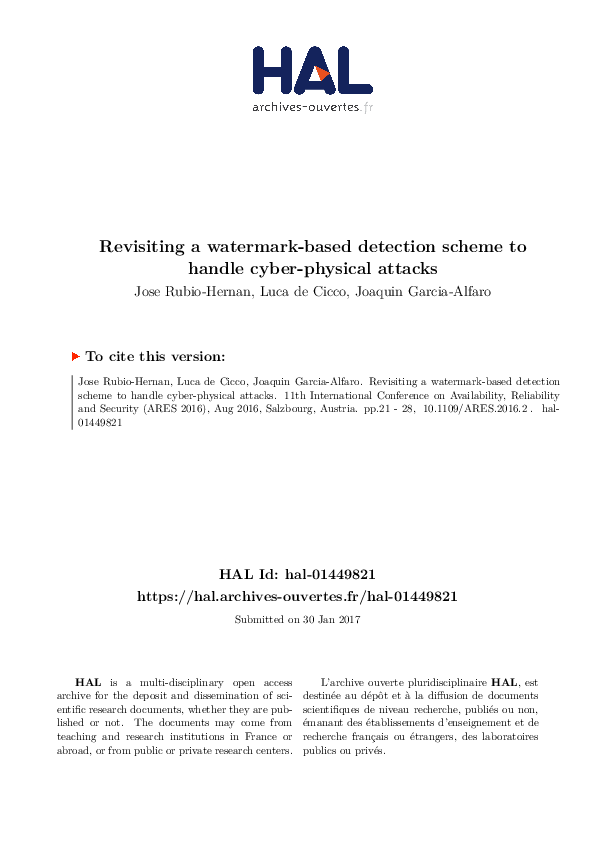 (PDF) Revisiting a Watermark-Based Detection Scheme to Handle Cyber-Physical Attacks