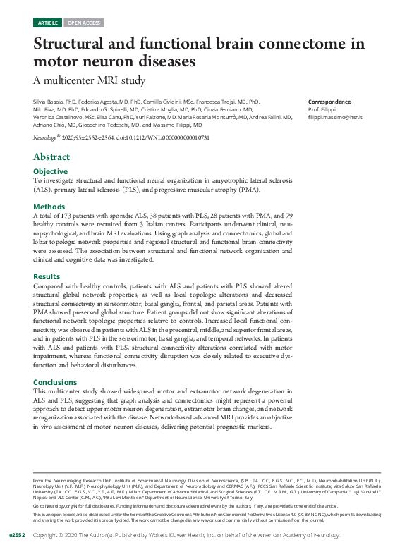 (PDF) Structural and functional brain connectome in motor neuron diseases