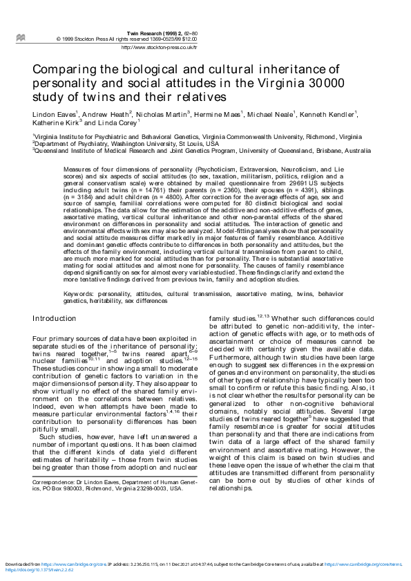 (PDF) Comparing the biological and cultural inheritance of personality ...