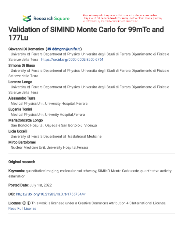 (PDF) Validation of SIMIND Monte Carlo for 99mTc and 177Lu