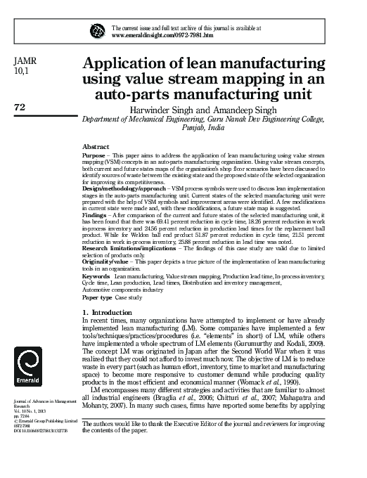 (PDF) Application of lean manufacturing using value stream mapping in an auto‐parts ...
