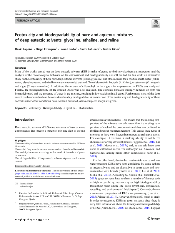 (PDF) Ecotoxicity and biodegradability of pure and aqueous mixtures of ...