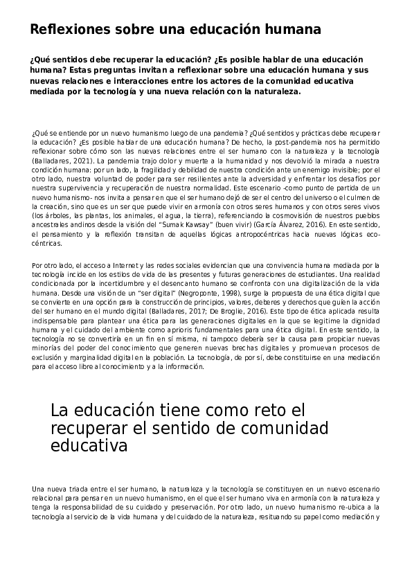 (PDF) Reflexiones sobre una educación humana