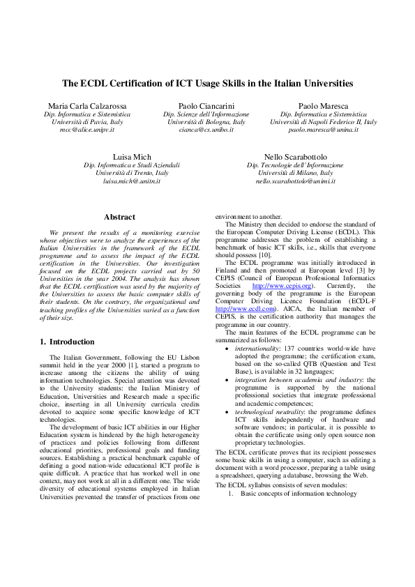 (PDF) The ECDL Certification of ICT Usage Skills in the Italian Universities