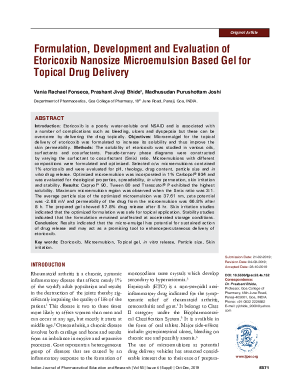 (PDF) Formulation, Development and Evaluation of Etoricoxib Nanosize Microemulsion Based Gel for ...