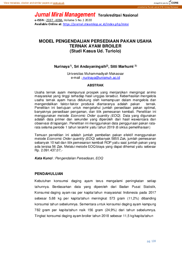 (PDF) MODEL PENGENDALIAN PERSEDIAAN PAKAN USAHA TERNAK AYAM BROILER (Studi Kasus Ud. Turiolo)