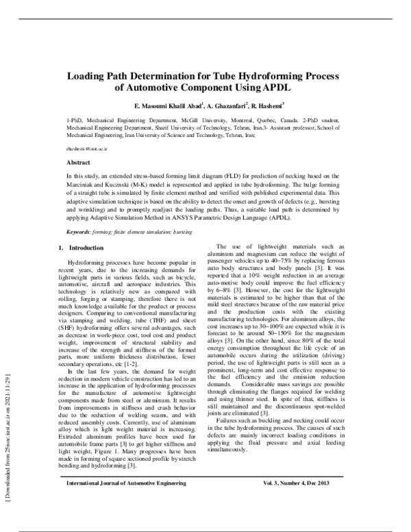 (PDF) Loading Path Determination for Tube Hydroforming Process of Automotive Component Using APDL