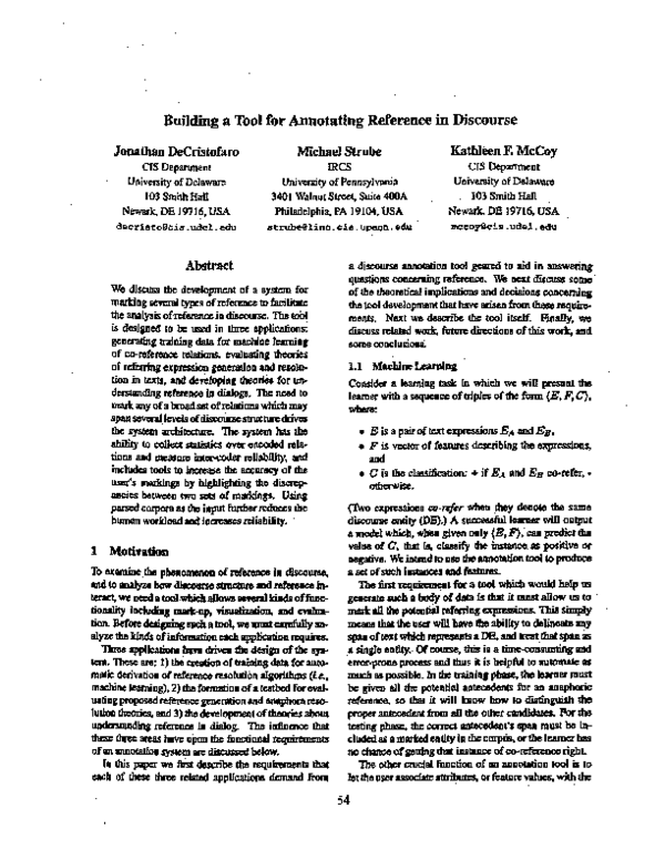 (PDF) Building a tool for annotating reference in discourse