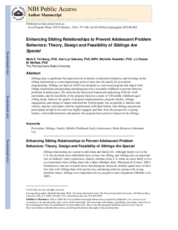 (PDF) Enhancing sibling relationships to prevent adolescent problem behaviors: Theory, design ...