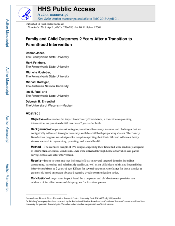 (PDF) Family and Child Outcomes 2 Years After a Transition to Parenthood Intervention