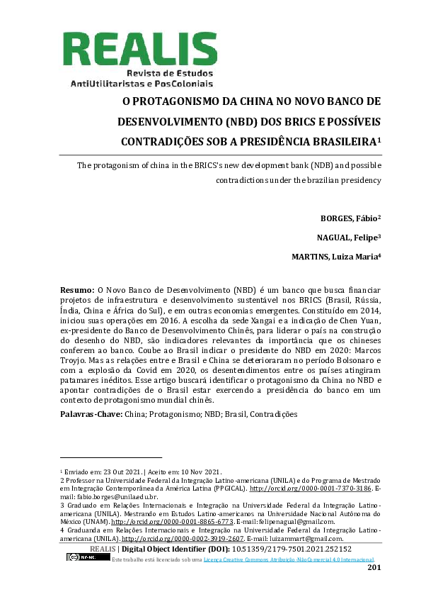 (PDF) O protagonismo da china no novo banco de desenvolvimento (NBD ...