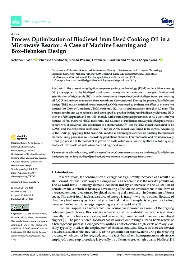 (PDF) Process Optimization of Biodiesel from Used Cooking Oil in a Microwave Reactor: A Case of ...