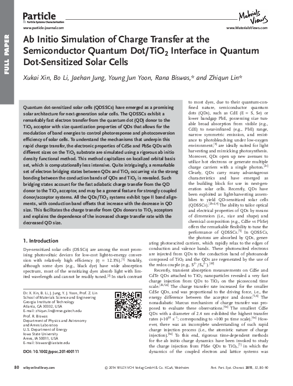 (PDF) Ab Initio Simulation of Charge Transfer at the Semiconductor Quantum Dot/TiO2 Interface in ...