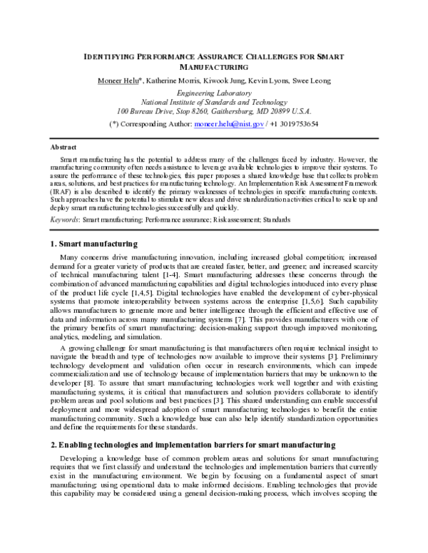 (PDF) Identifying performance assurance challenges for smart manufacturing