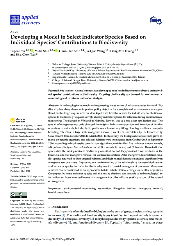 Pdf Developing A Model To Select Indicator Species Based On Individual Species Contributions