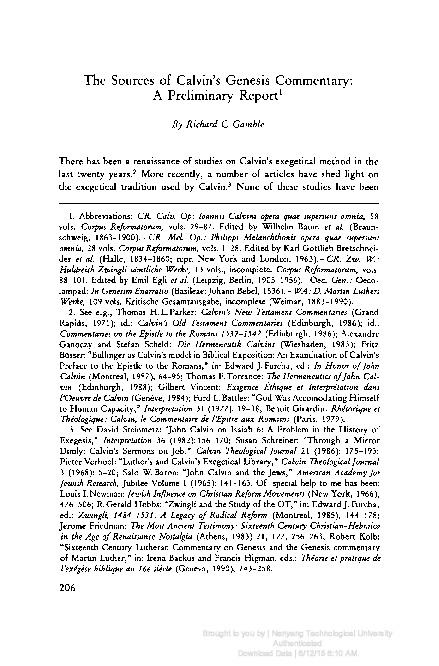 (PDF) The Sources of Calvin's Genesis Commentary: A Preliminary Report