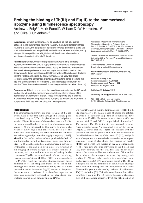 (PDF) Probing the binding of Tb(III) and Eu(III) to the hammerhead ...