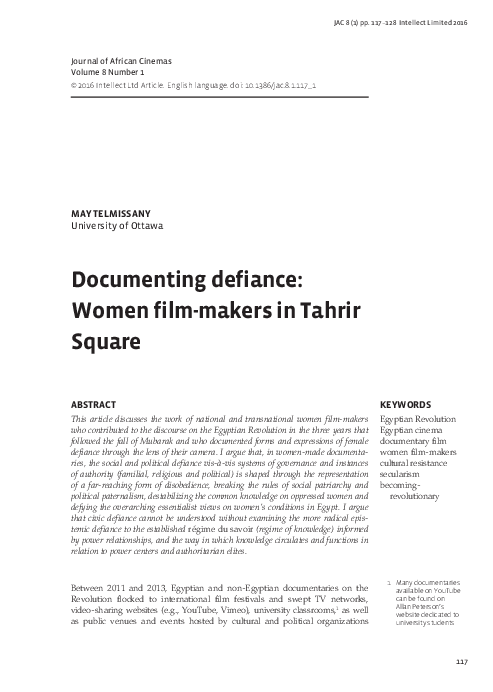 (PDF) Documenting defiance: Women film-makers in Tahrir Square
