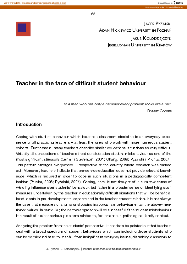 (PDF) Teacher in the face of difficult student behaviour