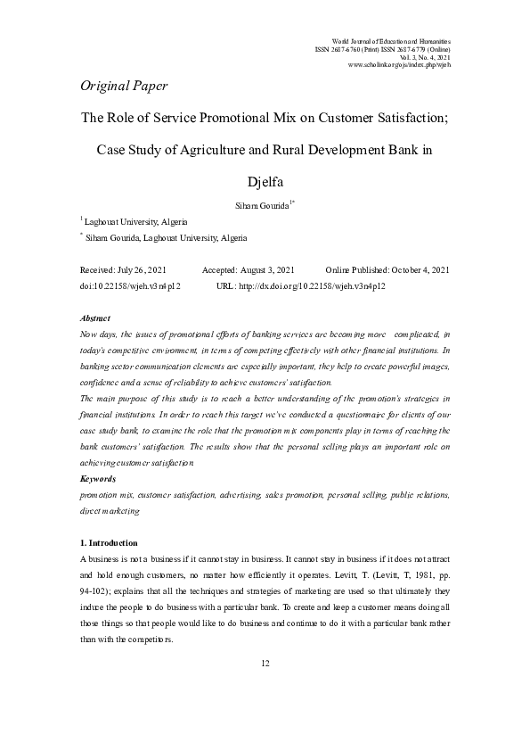 (PDF) The Role of Service Promotional Mix on Customer Satisfaction; Case Study of Agriculture ...