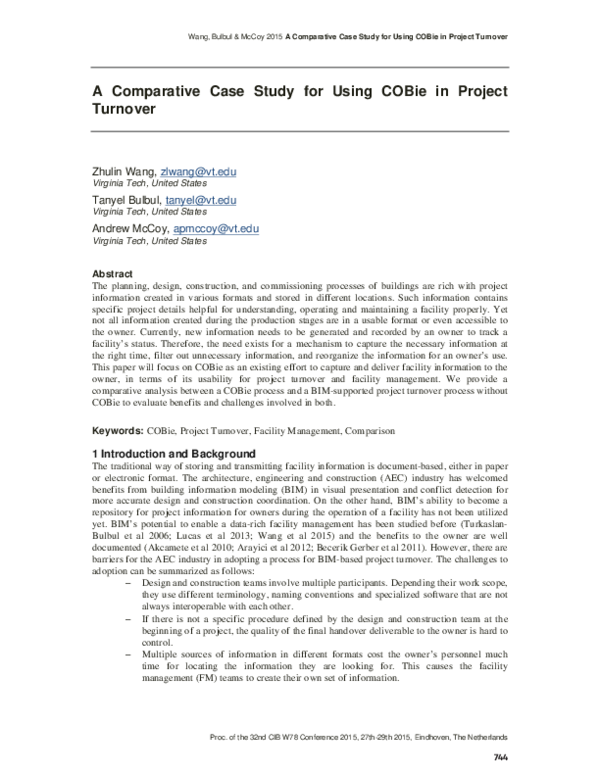 (PDF) A Comparative Case Study for Using COBie in Project Turnover